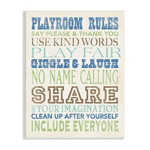 stupell home décor playroom rules typography in blues, green and brown canvas wall art, 16 x 20, multi-color