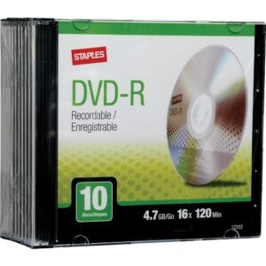 staples 560845 4.7gb 16x dvd-r slim jewel case 10/pack (12202)