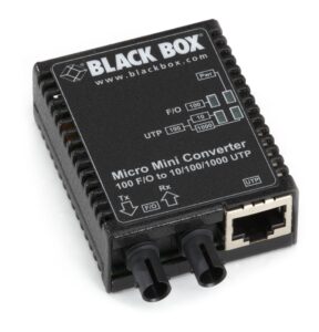 black box micro mini media converter, 10-/100-/1000-mbps copper to 100-mbps duplex fiber, multimode, 1310-nm, 5 km, st