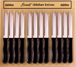 fixwell 12pc stainless steel knives set, black handles (standard blade)