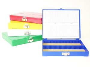 premiere 100 capacity abs plastic microscope slide storage box, blue