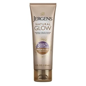 jergens natural glow 3-day self tanner, sunless tanner for medium to deep skin tone, sunless tanning lotion daily moisturizer, for streak-free color, 4 ounce