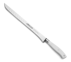 arcos forged slicing knife / ham knife 10 inch nitrum stainless steel and 250 mm blade. ergonomic polyoxymethylene pom handle. series riviera blanc. thin blade with a characteristic smooth edge. color white.