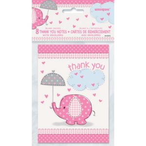 umbrella elephant girl baby shower thank you notes w/envelopes (8ct)