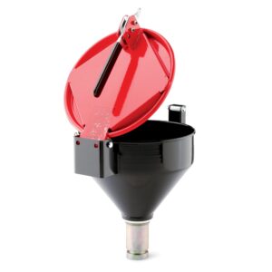 pig drum funnel | burpless steel drum funnel | for 20 to 55 gallon steel or poly drums w/ 2" npt | overfill preventer | 15" l x 11.25" w x 15" h | red | drm1127-rd-npt