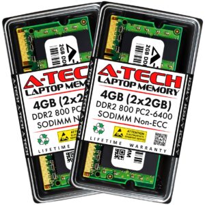 a-tech 4gb (2x2gb) ddr2 800mhz sodimm pc2-6400 1.8v cl6 200-pin non-ecc unbuffered laptop ram memory upgrade kit