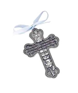 bless the child - guardian angel baby boy crib cross pewter medal/christening/baby shower keepsake/baptism keepsake/with blue ribbon