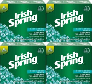 irish spring deodorant bath bar soap, deep action scrub, with scrubbing beads, 3.75 ounce each, 3 bar pack (pack of 4) 12 bars total