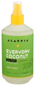 alaffia everyday coconut face toner, helps hydrate and balance skin for all skin types. made with coconut water, neem, and papaya, cruelty free, no parabens, vegan, purely coconut 12 fl oz