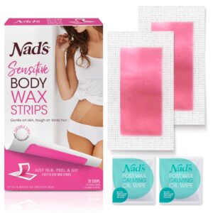 nad’s body wax strips for sensitive skin, hair removal for sensitive skin, hypoallergenic, includes 28 waxing strips & 2 post wax calming oil wipes