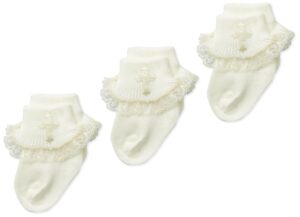 jefferies socks baby girls' newborn christening lace turn cuff socks 3 pair pack, pearl white