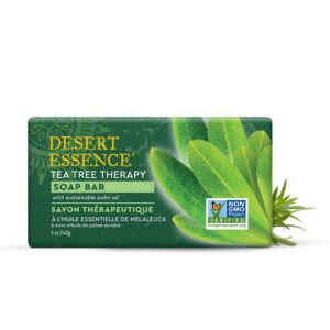 desert essence tea tree therapy cleansing soap bar - plant-based with sustainable palm oil, eco-harvest® tea tree, jojoba oil, aloe – safe for sensitive skin, face & body, vegan, cruelty-free