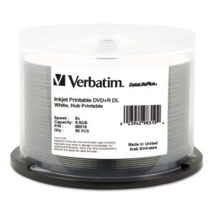 verbatim dvd+r dl 8.5gb 8x datalifeplus white inkjet printable, hub printable - 50pk spindle - 98319