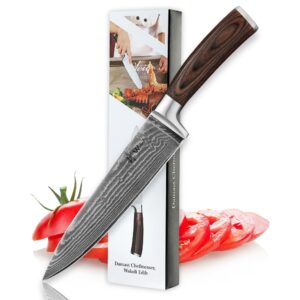 wakoli chef knife, 8-inch blade damascus knife made from 67 layers of damascus steel with vg10 core, ergonomic kitchen knives with pakkawood handle for all tasks in gift box (edib)