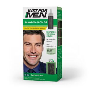 just for men shampoo-in color (formerly original formula), mens hair color with keratin and vitamin e for stronger hair - dark brown, h-45, pack of 1