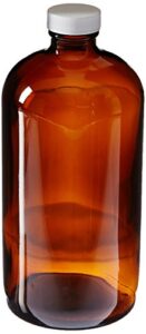 jg finneran 9a-175-2 amber borosilicate glass precleaned boston round bottle with white polypropylene closure and ptfe lined, 33-400mm cap size, 1000ml capacity (pack of 12)