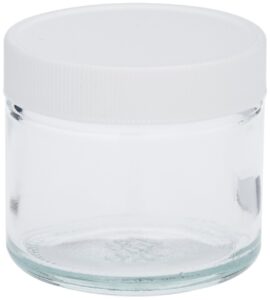 jg finneran d0084-2 clear borosilicate glass short straight sided standard wide mouth jar with white polypropylene closure, unlined, 53-400mm cap size, 2oz capacity (pack of 24)