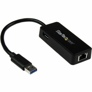 startech.com usb 3.0 ethernet adapter - usb 3.0 network adapter nic with usb port - usb to rj45 - usb passthrough (usb31000sptb), black, 0.7" x 1.4" x 5" x 5"