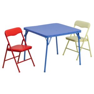 flash furniture mindy kids 3-piece folding square table and chairs set for daycare and classrooms, children's activity table/chairs set, multicolor