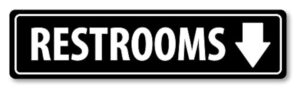 grafkën: mg1080 aluminum sign large 24 in x 6 in: restrooms. arrow down (black/white) style 1 (previous model)