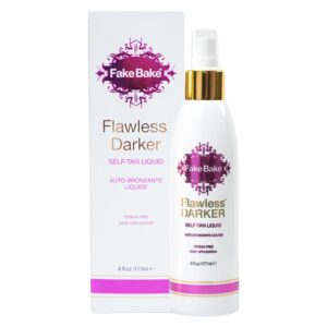 fake bake flawless darker self-tanning liquid streak-free, long-lasting natural glow for all skin tones - sunless tanner includes professional mitt for easy application, black coconut scent - 6 oz