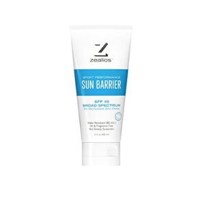 sun barrier 3 oz by zealios - broad spectrum spf 45 non-greasy water-resistant zinc sunscreen - last absorbing sunblock body lotion for athletes