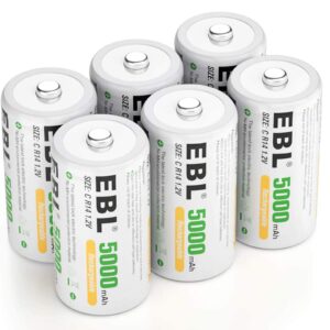 ebl rechargeable c batteries 5000mah ready2charge c size battery with storage box, pack of 6