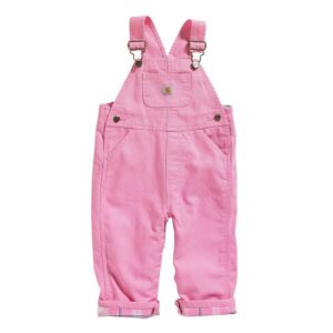 carhartt baby girls girls' washed microsanded canvas flannel lined bib infant and toddler overalls, rosebloom, 3 months us