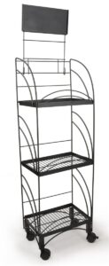 14.5" w wire shelving unit with locking wheels, 3 display levels, retail store fixture includes removable sign holder (black)