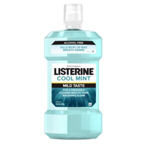 listerine mouthwash, zero alcohol, germ killing, less intense formula, bad breath treatment, alcohol free mouth wash for adults; cool mint flavor, 1 l (pack of 1)