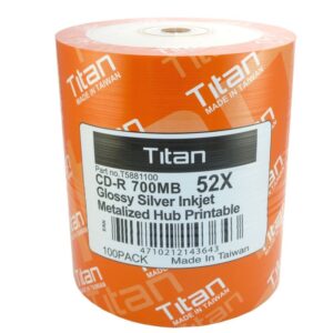 titan cd-r 52x, glossy silver inkjet hub printable, metalized hub printable (t5881100) in 100 pack shrink wrap