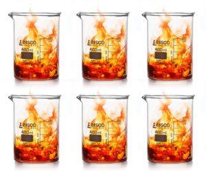 eisco 6pk beakers, 400ml - griffin style, low form with spout - white, 50ml graduations - borosilicate 3.3 glass