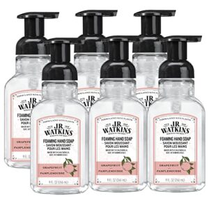 j.r. watkins foaming hand soap pump with dispenser, moisturizing all natural hand soap foam, alcohol-free, cruelty-free, usa made, use as kitchen or bathroom soap, grapefruit, 9 fl oz, 6 pack