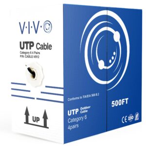 vivo black 500ft bulk cat6, cca ethernet cable, 23 awg, utp pull box, cat-6 wire, waterproof, outdoor, direct burial cable-v012