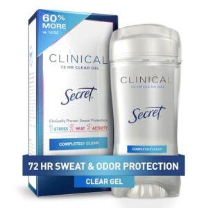 secret clinical strength antiperspirant deodorant for women, 3x stress protection, 72hr sweat & odor protection, ph balancing minerals, clear gel, completely clean scent, 2.6 oz