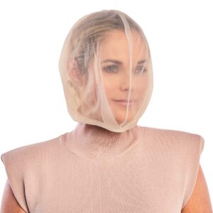 betty dain makeup protector hood, protects hair and make up while getting dressed, nylon chiffon, light and airy, triple protection, zipper closure, machine washable, beige