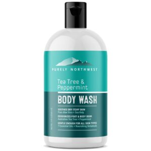 purely northwest tea tree body wash for men and women – natural tea tree oil body cleanser for odor, skin irritations, hydrating shower gel for sensitive skin, gentle and refreshing body wash