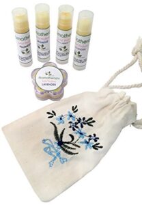 travel size solid perfume kit - lavender, lavender vanilla, patchouli+jasmine+tangerine, passion fruit & plumeria, jasmine - set of 5 natural fragrances, embroidered cotton bag