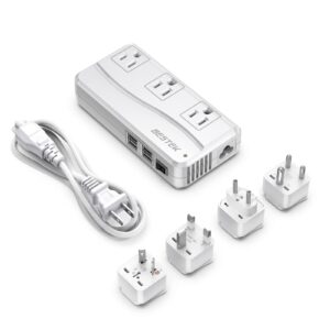 bestek universal travel adapter, worldwide plug adapter 110-220v to 110v voltage converter 250w with 6a 4-port usb charging 3 ac sockets and eu/uk/au/us/india international outlet adapter