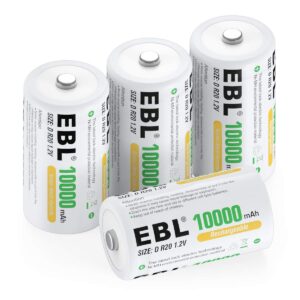 ebl d cell batteries 10,000mah ultra pro ni-mh rechargeable d batteries, 4-pack(battery storage case included)