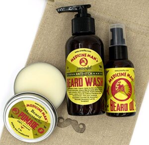 medicine man's beard & mustache care kit: itchy beard wash 4,7 fl oz, anti itch beard oil 2 fl oz, beard & mustache balm 2 fl oz - in a mustache stamped linen pouch