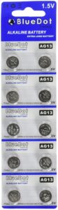 bluedot trading ag13 lr44 lr1154 sr44 a76 357a 303 357 lr44 alkaline button coin cell 1.5v battery for watches, calculators, and toys, quantity 10 count