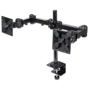 manhattan dual monitor stand mount with double-link swing arms - supports two 13 in to 24 inch computer screens up to 13 lbs., 180 tilt / 180 rotation, clamp mounting, black - 420808