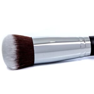 mineral powder foundation makeup brush: round top kabuki, soft dense synthetic bristles for applying loose compact pressed translucent minerals, setting, finishing, buffing liquid, cream, cruelty free