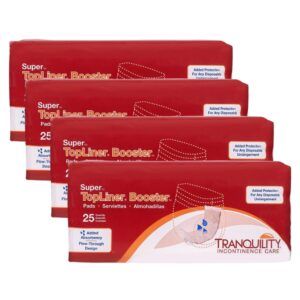 tranquility topliner disposable booster pads, super (15" x 4.25") flow-through design with adhesive strip for max absorption, adult unisex, 200ct case