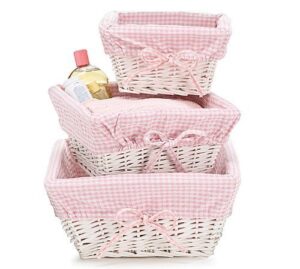 set of 3 baby girl nursery storage baskets - white willow with pink cotton gingham fabric