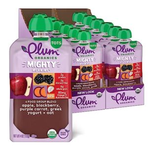 plum organics baby food pouch | mighty 4 blends | apple, blackberry, purple carrot, greek yogurt & oat | 4 ounce | 12 pack | organic food squeeze for babies, kids, toddlers