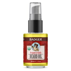 badger beard oil, babassu & jojoba, certified organic, premium beard conditioner, beard oil for dry skin, beard oil for long beards, facial hair oil, 1 fl oz glass bottle