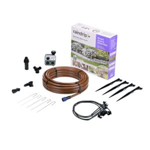 raindrip sdgcbhp automatic drip irrigation watering kit with timer for ground cover & flower beds, waters up to 200 sq. ft, timer with customizable settings & 13 gph half-circle adjustable sprayers, black;galvanized steel;brown