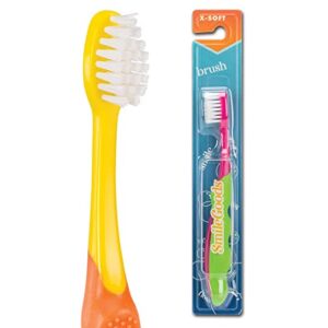 smilegoods y231 child toothbrush, 23 tuft, soft bristle, with extra wide handle, 72 individually packaged premium toothbrushes, assorted colors bulk pack